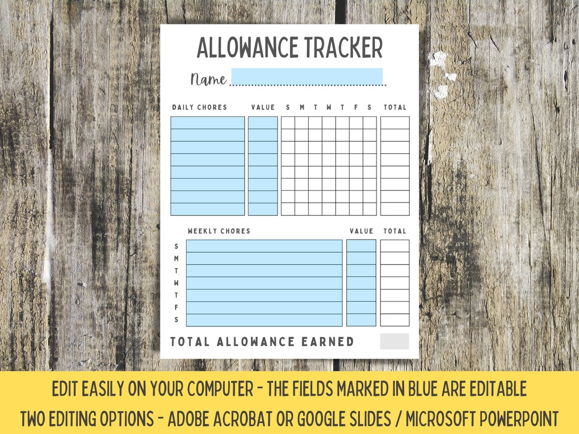 Daily Weekly Allowance Chore Chart for Kids, Printable Allowance ...