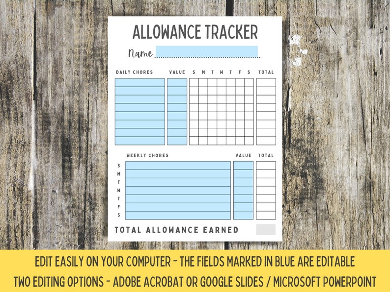 Daily Weekly Allowance Chore Chart for Kids, Printable Allowance ...