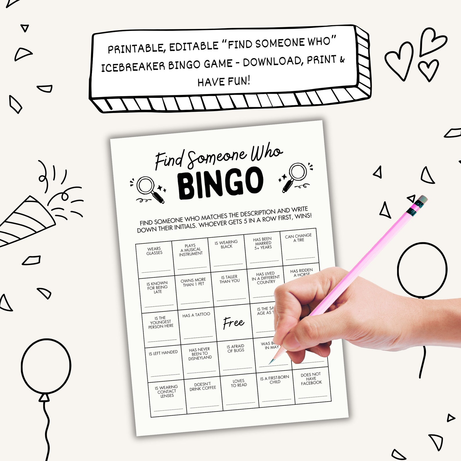 Icebreaker Bingo Game: Find Someone Who, Printable Party Game (PDF) - Etsy