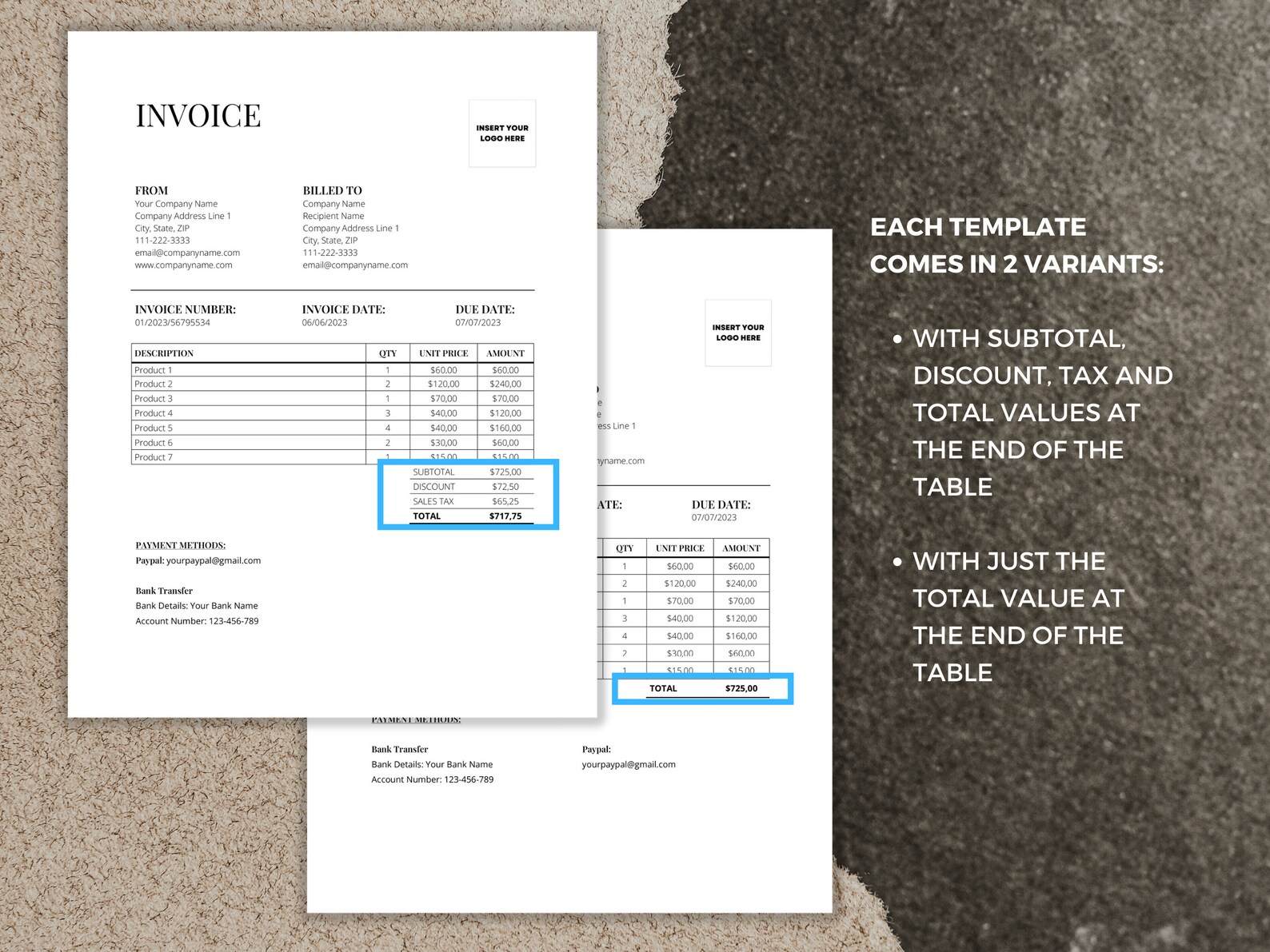 Editable Invoice Template: Word, Excel, Google Docs, PDF (US Letter) - Etsy