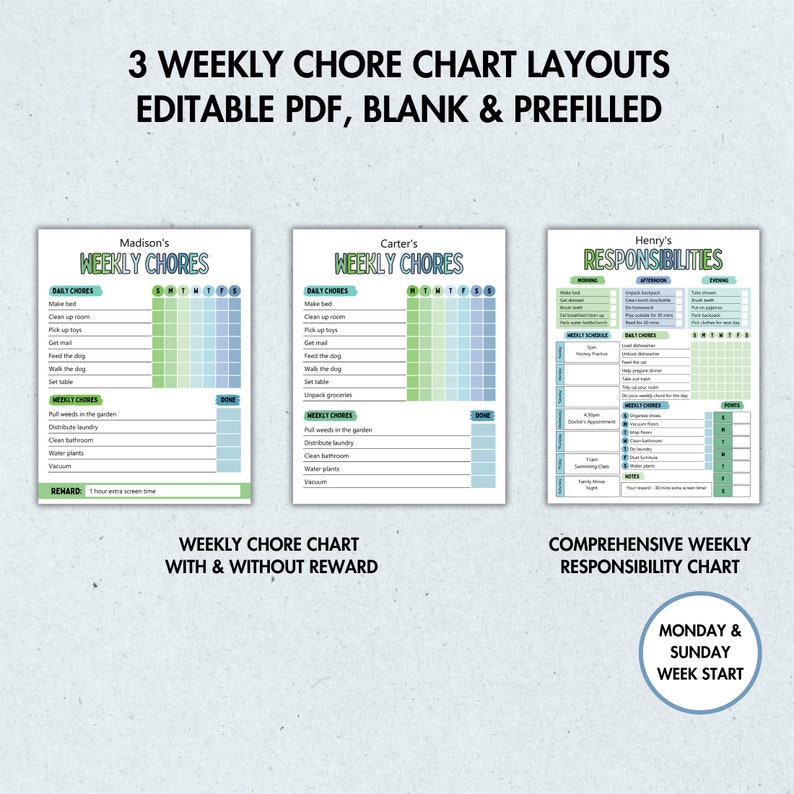Editable Kids Chore Charts, Allowance Tracker, Schoolday Routine, Daily ...