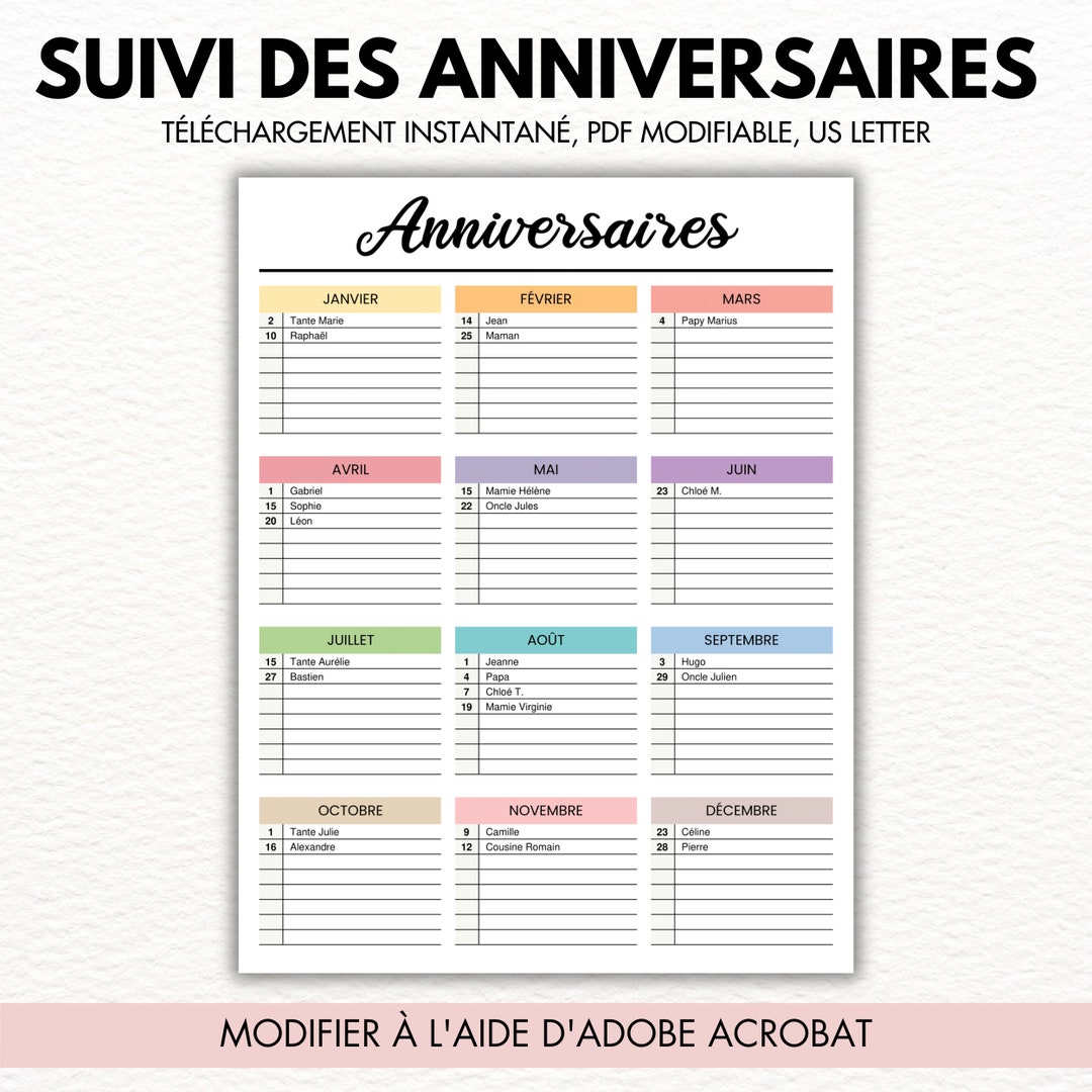 Suivi Des Anniversaires Imprimable, Liste D’anniversaires Modible, Calendrier Des Anniversaires ...