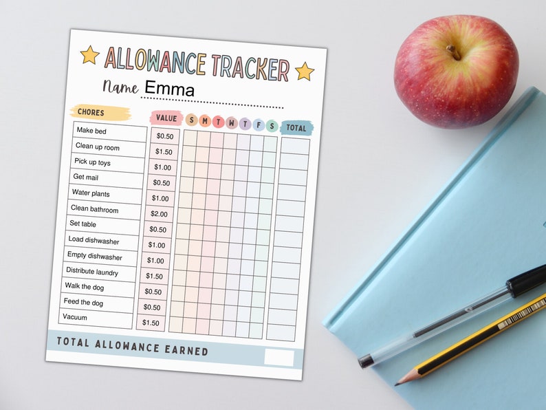 Allowance Tracker for Kids Editable Allowance Chart for Kids - Etsy