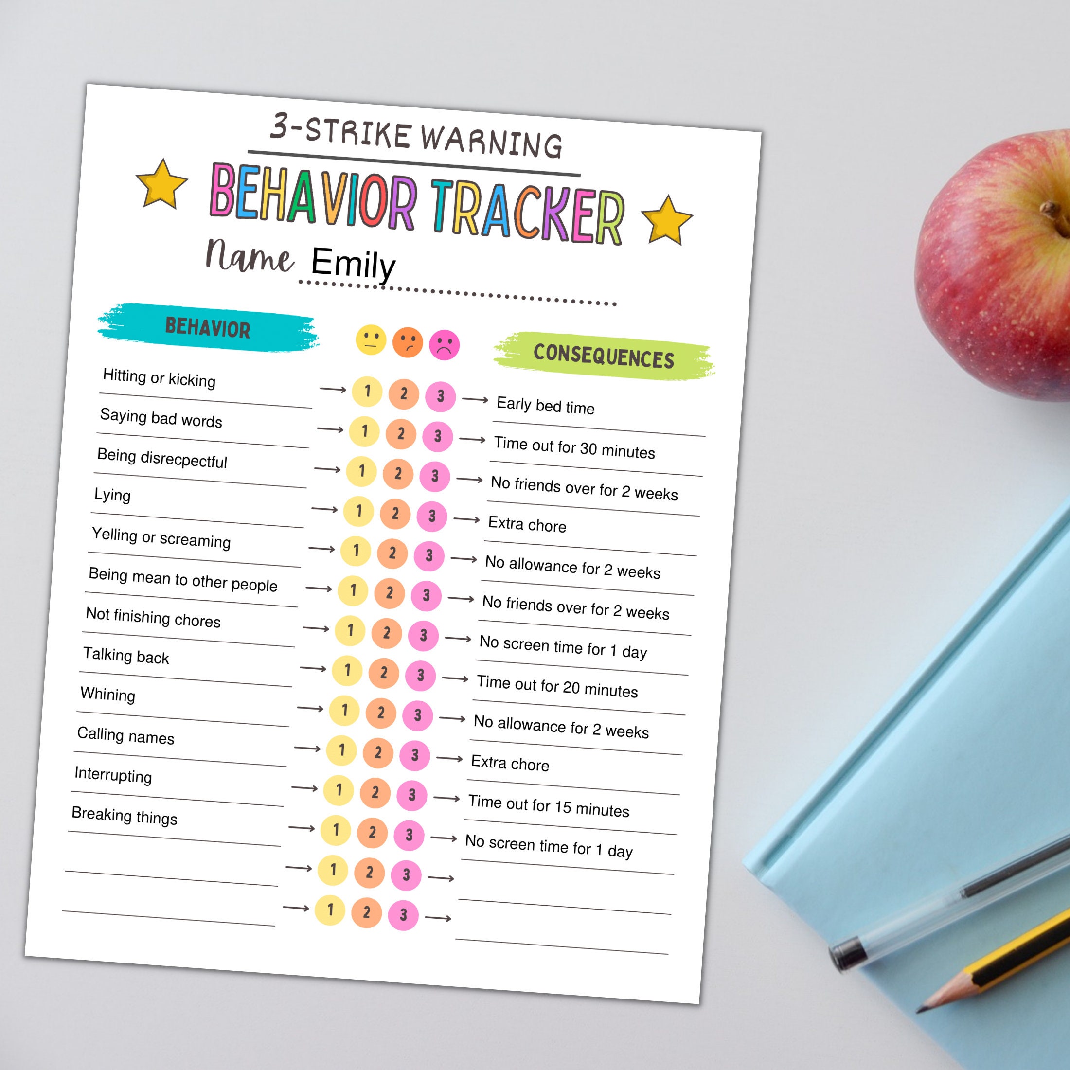 Kids Behavior Chart: 3-strike Warning, Editable PDF (instant Download ...
