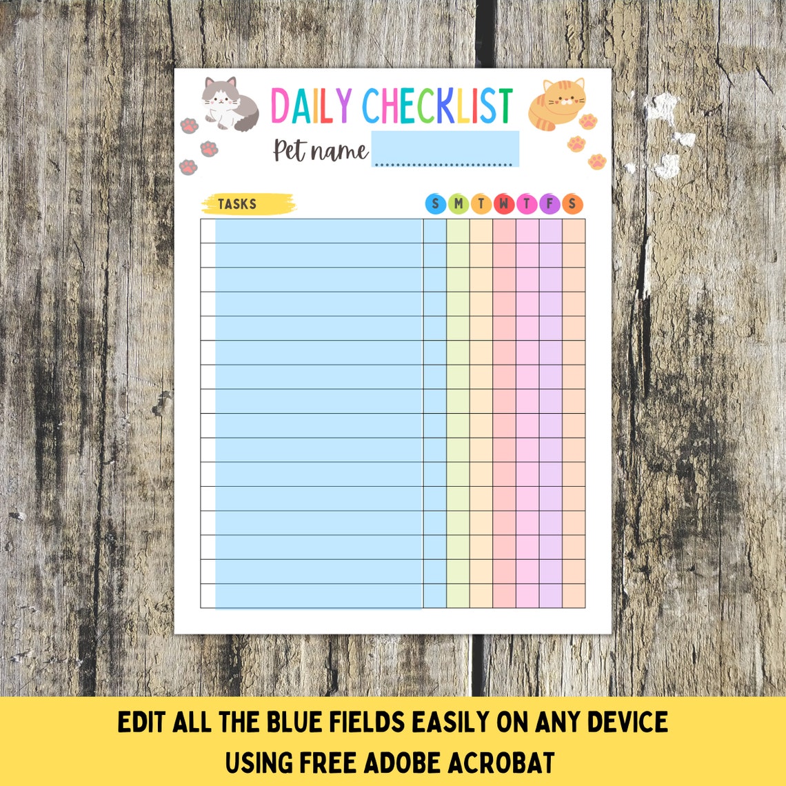 Daily Cat Care Checklist, Printable Pet Care Tracker, Editable Pet Care ...