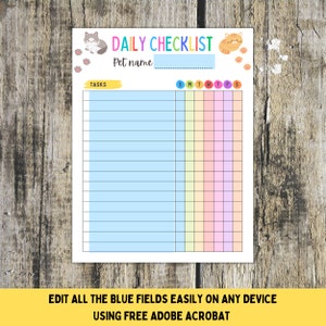 Daily Cat Care Checklist, Printable Pet Care Tracker, Editable Pet Care ...