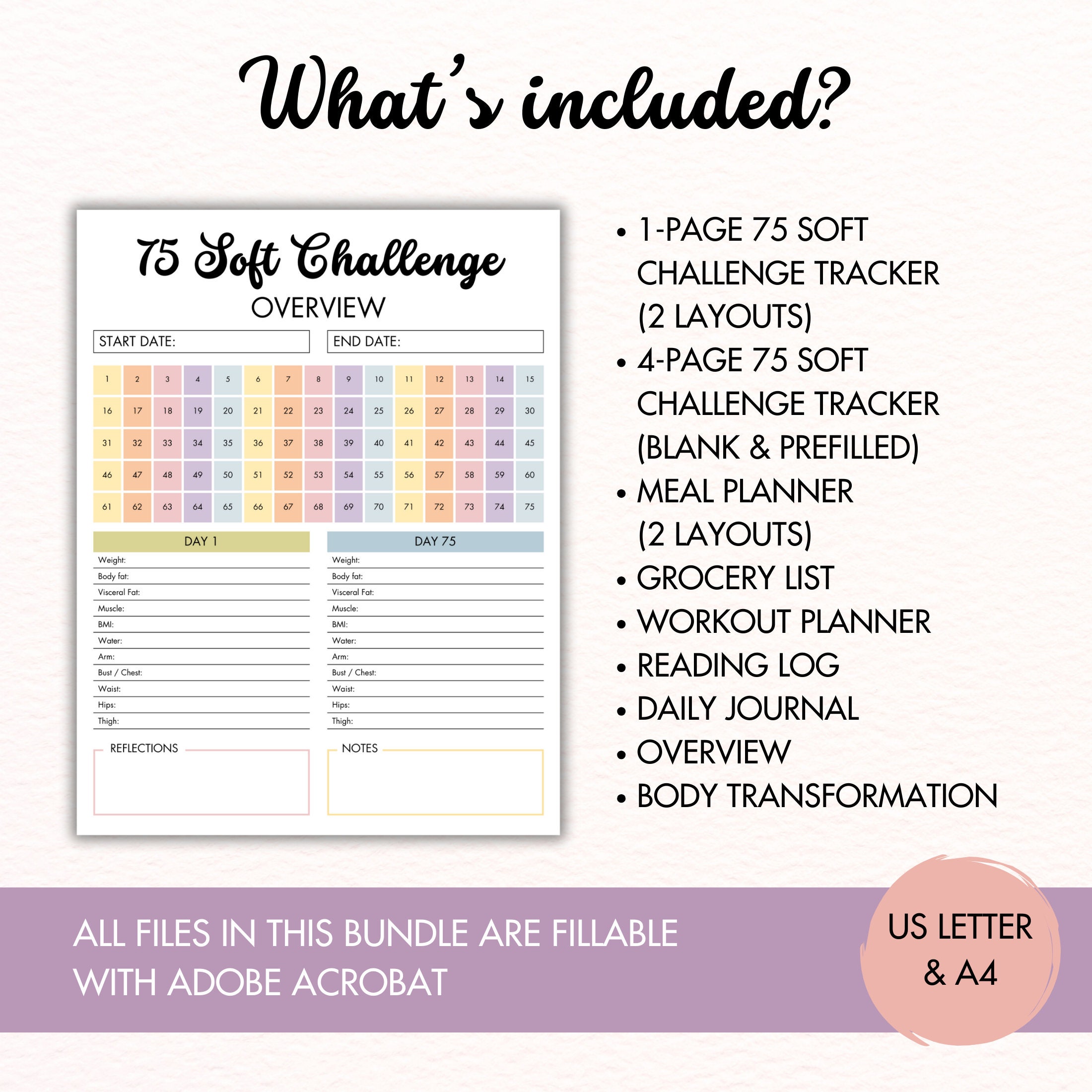 Editable 75 Soft Challenge Tracker, Printable 75 Day Challenge, Easy ...