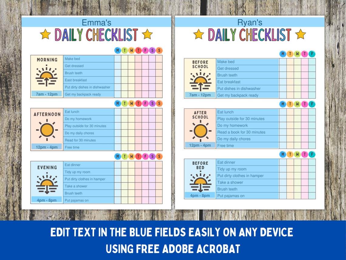 Printable Daily Checklist for Kids, Editable Kids to Do List ...