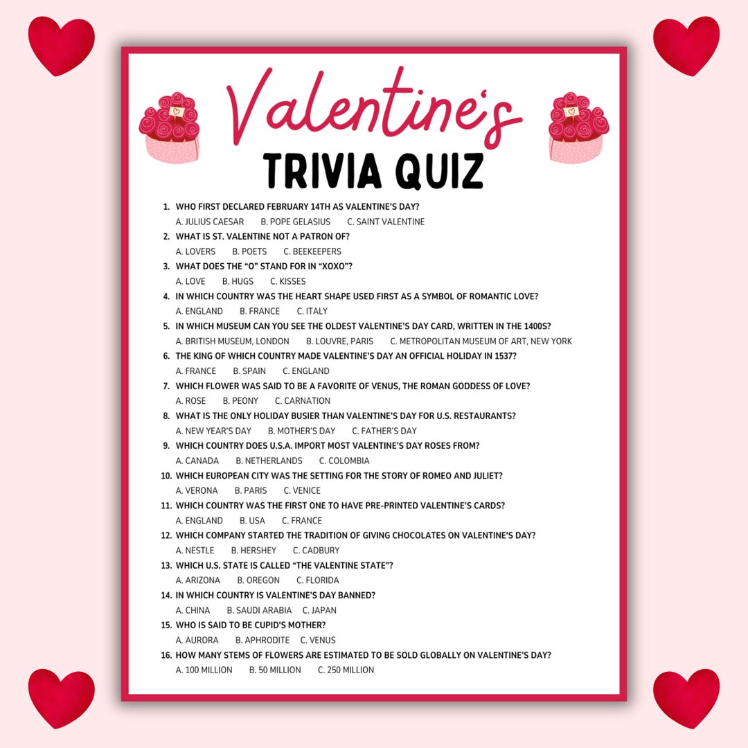 Valentines Day Trivia Game, Valentines Day Trivia Quiz, Valentine Day ...