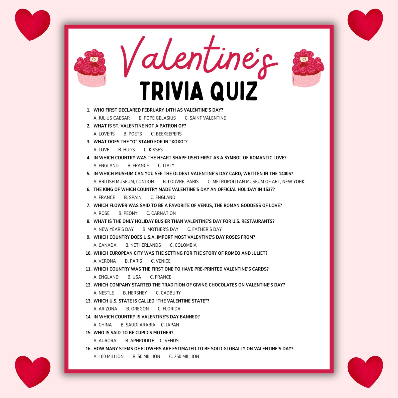 Valentines Day Trivia Game, Valentines Day Trivia Quiz, Valentine Day ...