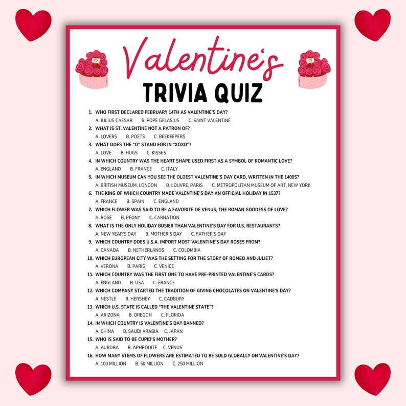 Valentines Day Trivia Game, Valentines Day Trivia Quiz, Valentine Day ...