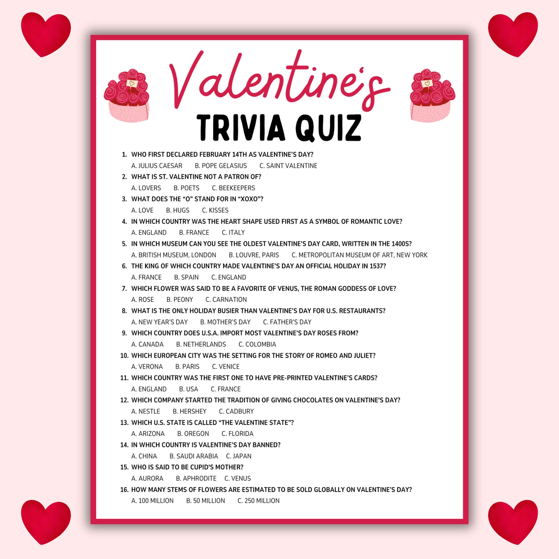 Valentines Day Trivia Game, Valentines Day Trivia Quiz, Valentine Day ...