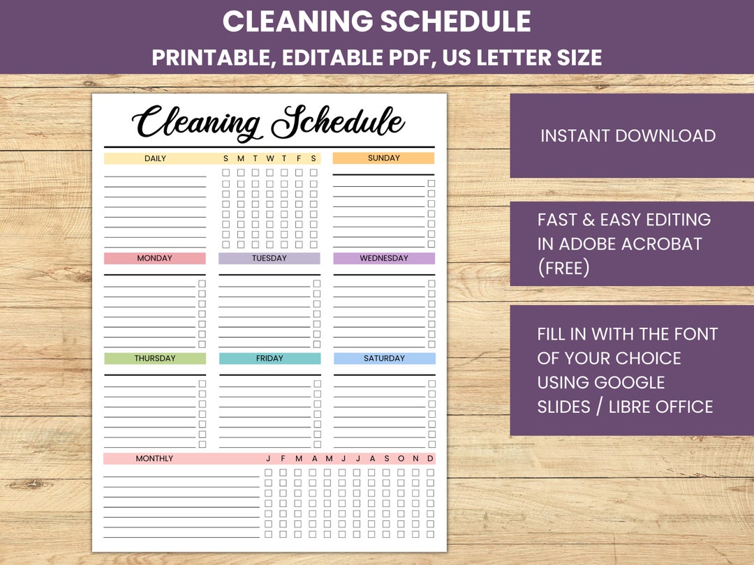 Editable Cleaning Schedule Printable Cleaning Checklist - Etsy