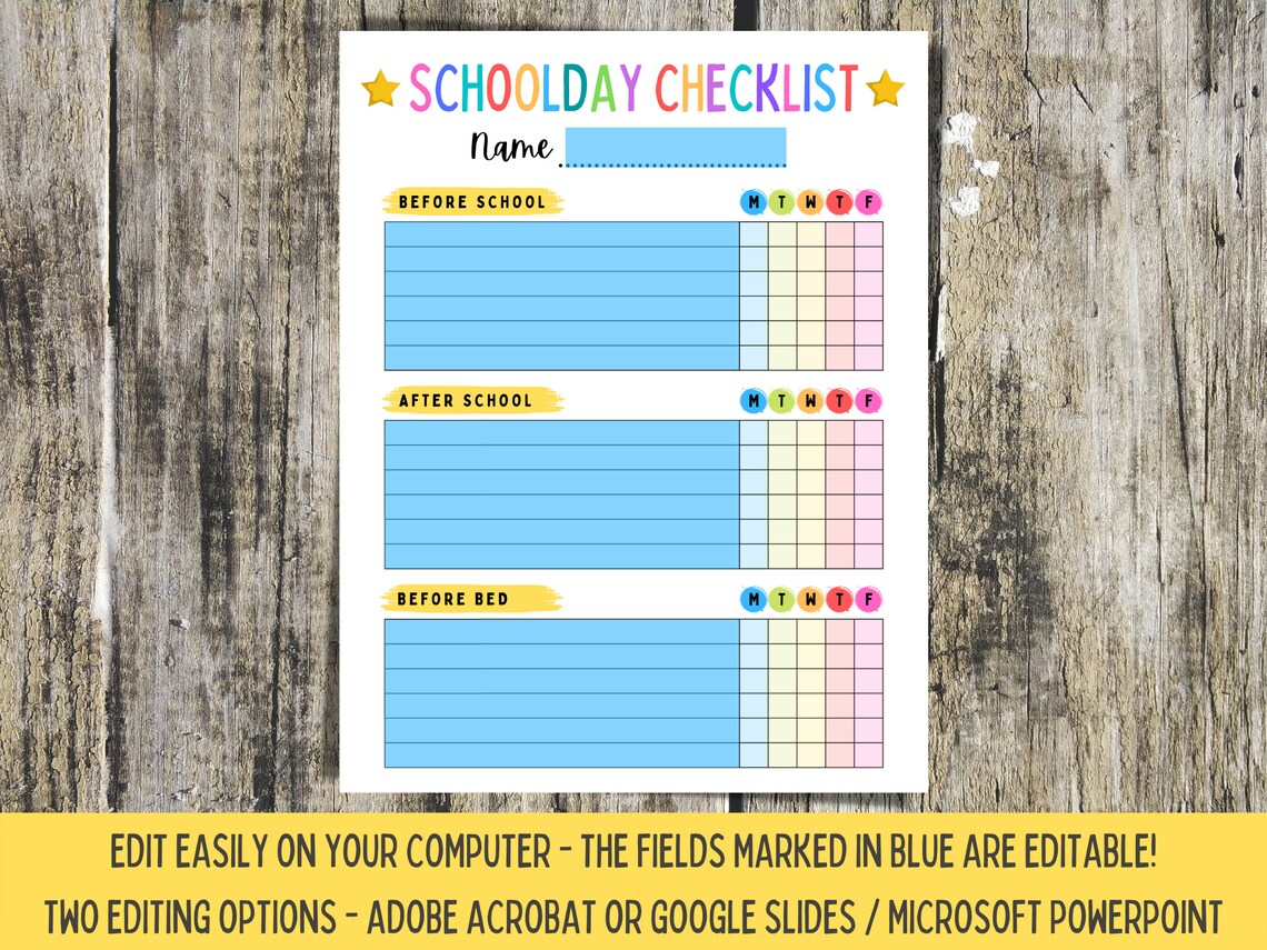 Kids Schoolday Checklist Editable School Schedule Printable - Etsy