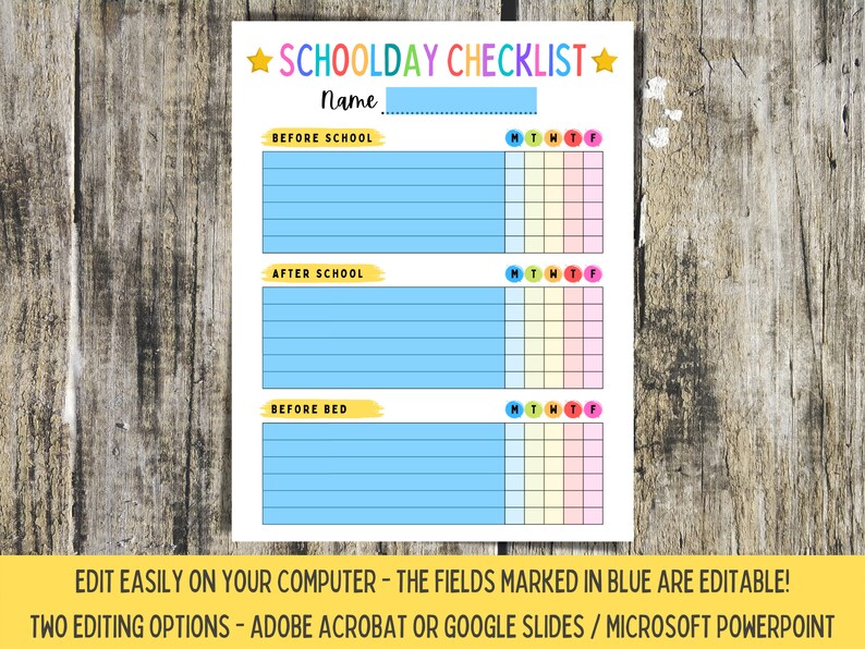 Kids Schoolday Checklist Editable School Schedule Printable - Etsy