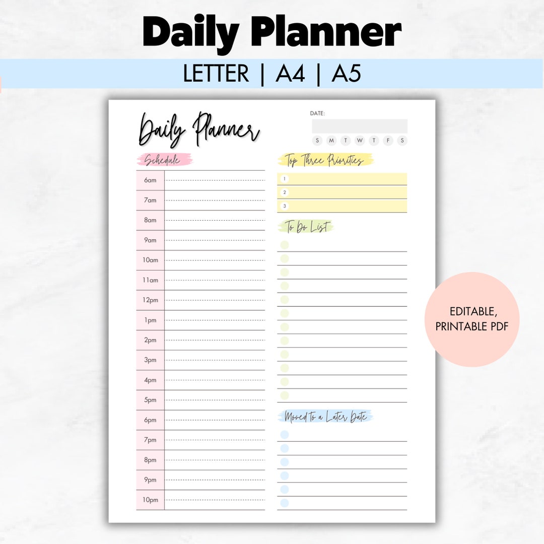 Editable Daily Planner: Printable Schedule, To-do List (PDF, A4/a5 ...