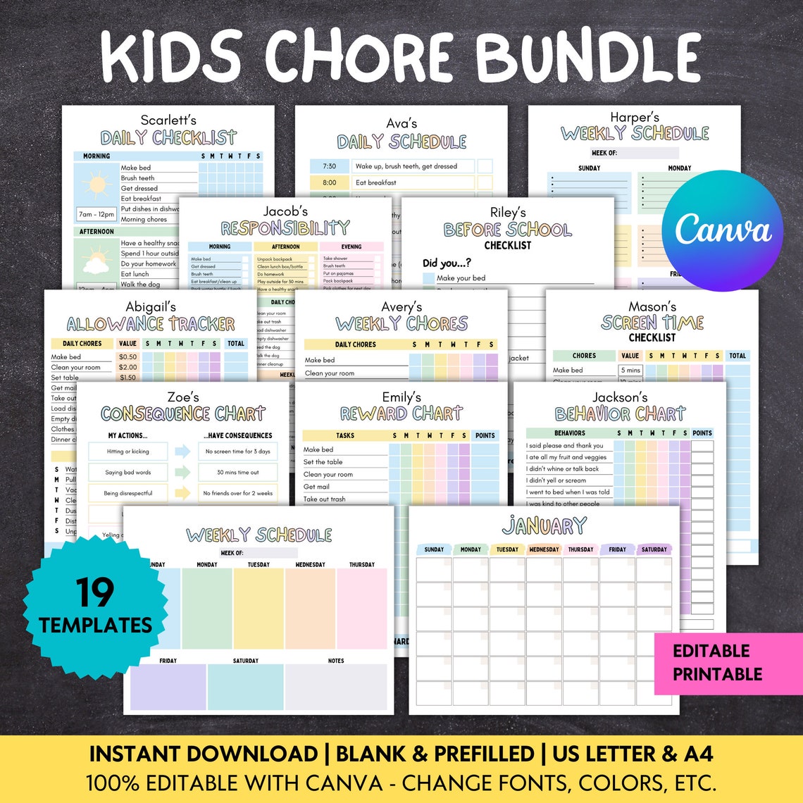 Editable Kids Chore Chart Bundle, Allowance, Screen Time, Behavior ...