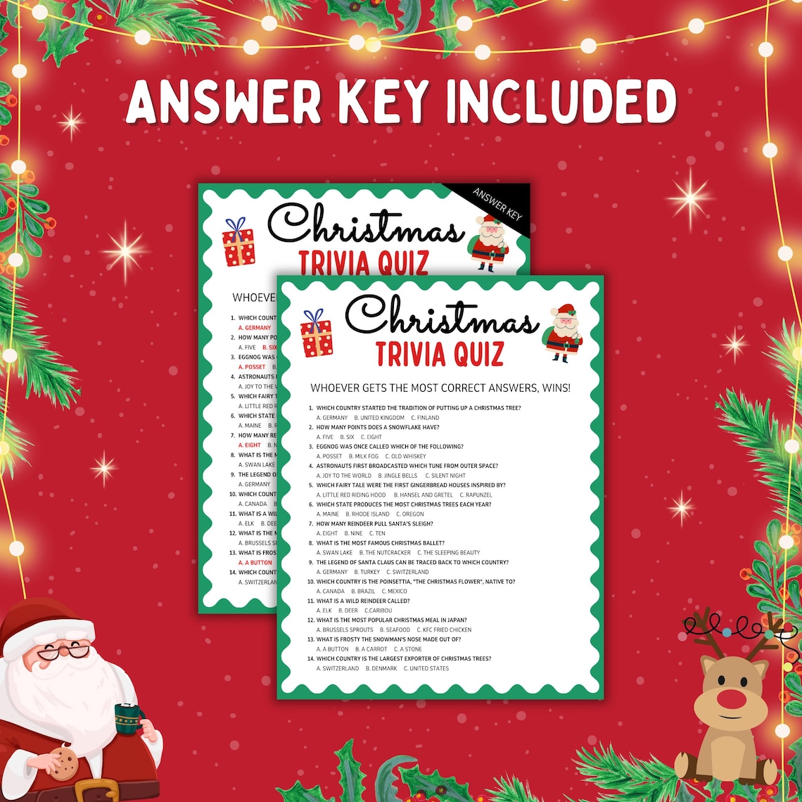 Christmas Trivia Quiz Game, Printable Christmas Family Game, Festive ...