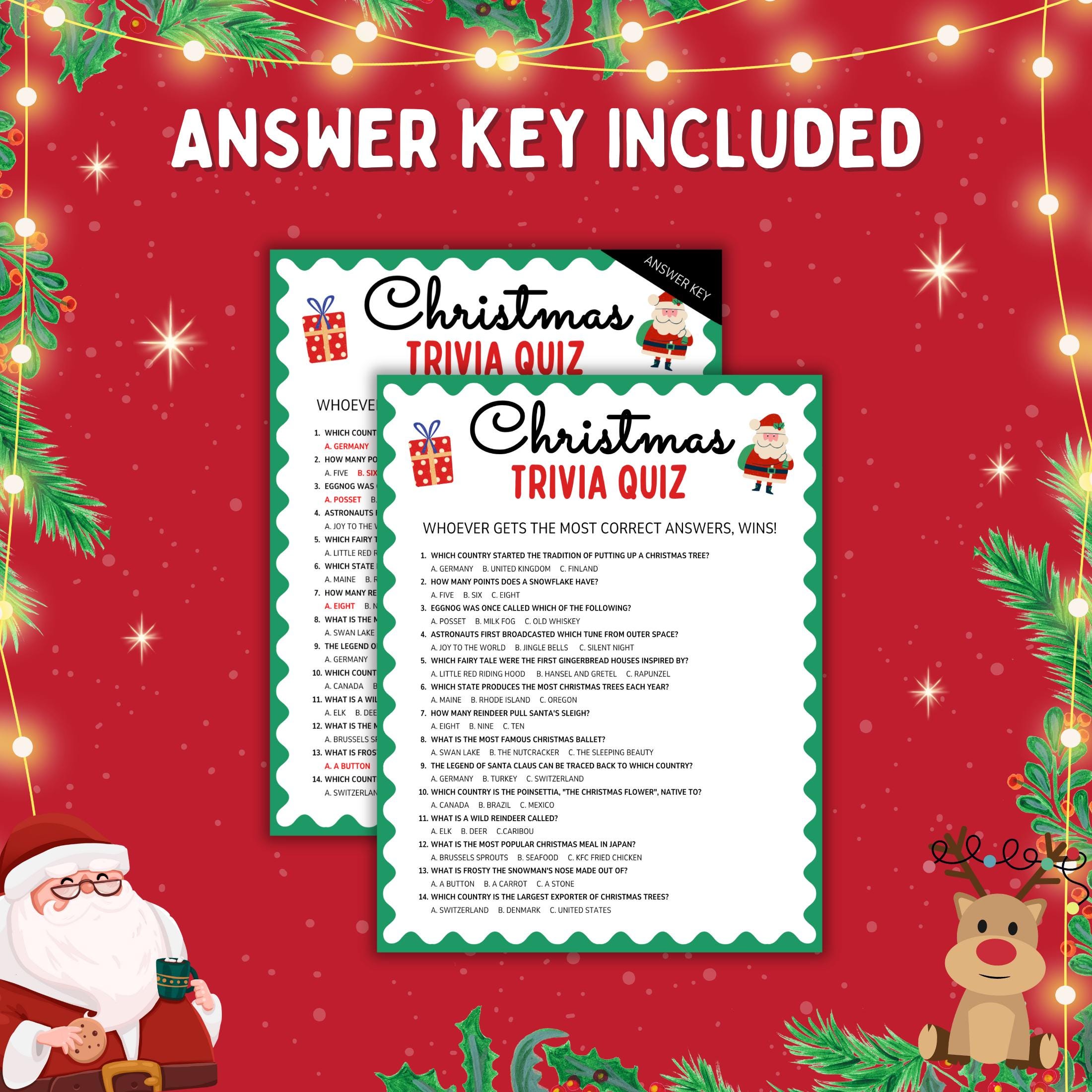 Christmas Trivia Quiz Game, Printable Christmas Family Game, Festive ...