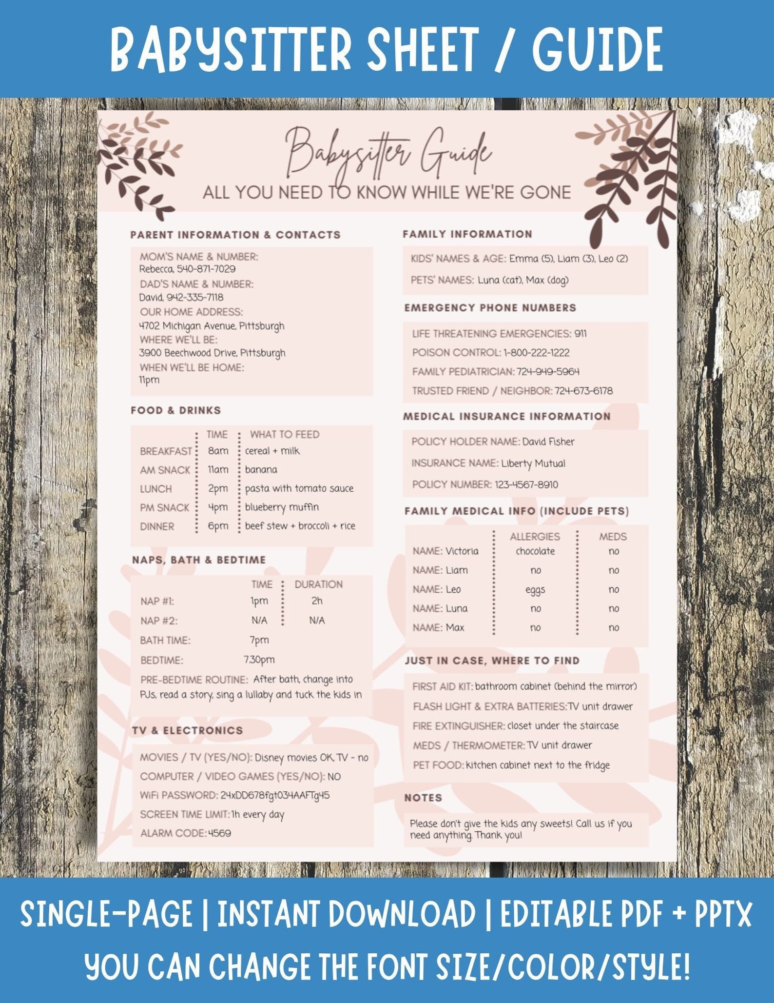 Printable Babysitter Guide, Nanny Emergency Information Contacts ...