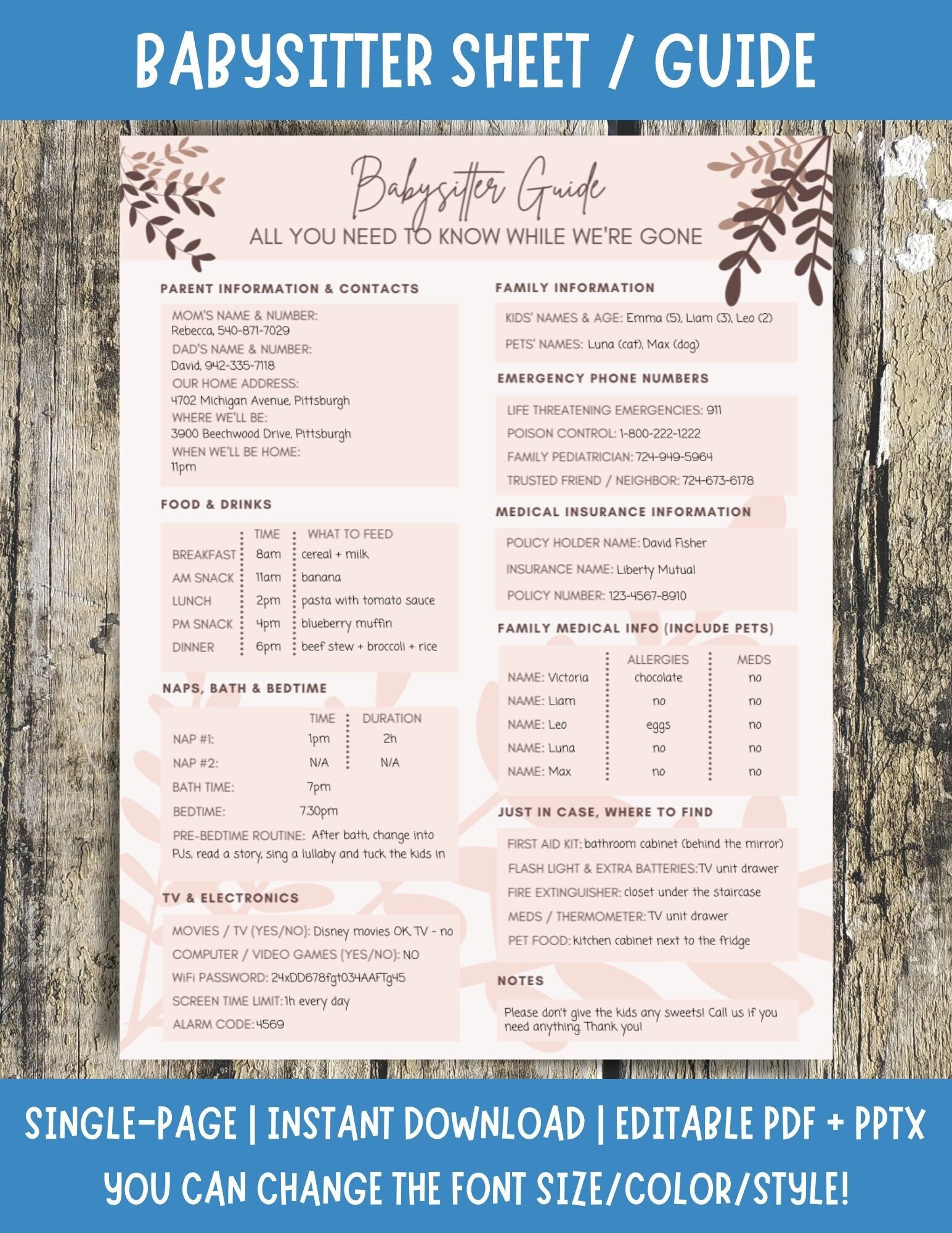 Printable Babysitter Guide, Nanny Emergency Information Contacts ...