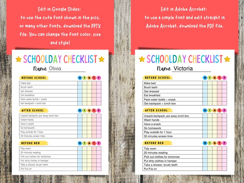 Kids Schoolday Checklist Editable School Schedule Printable - Etsy