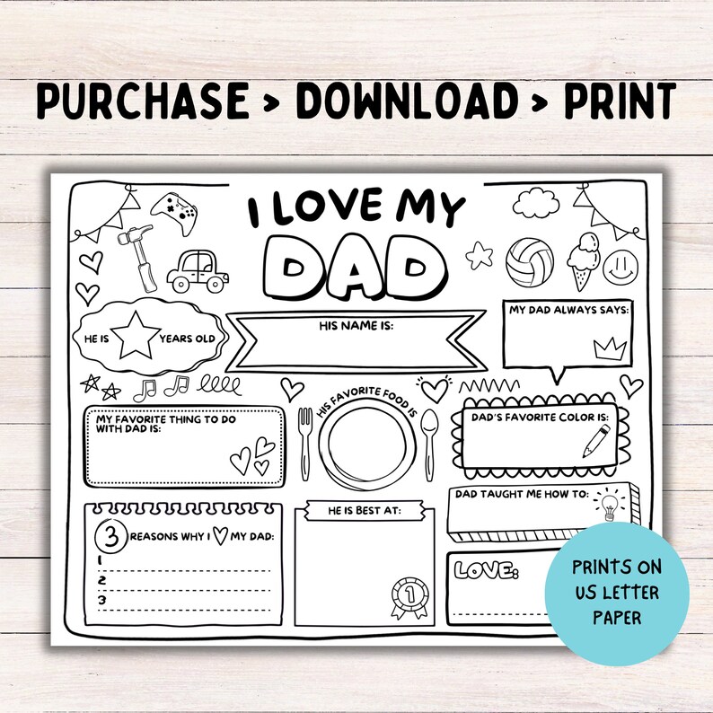 I Love My Dad, Printable Father's Day Gift From Kids, Father's Day Card ...