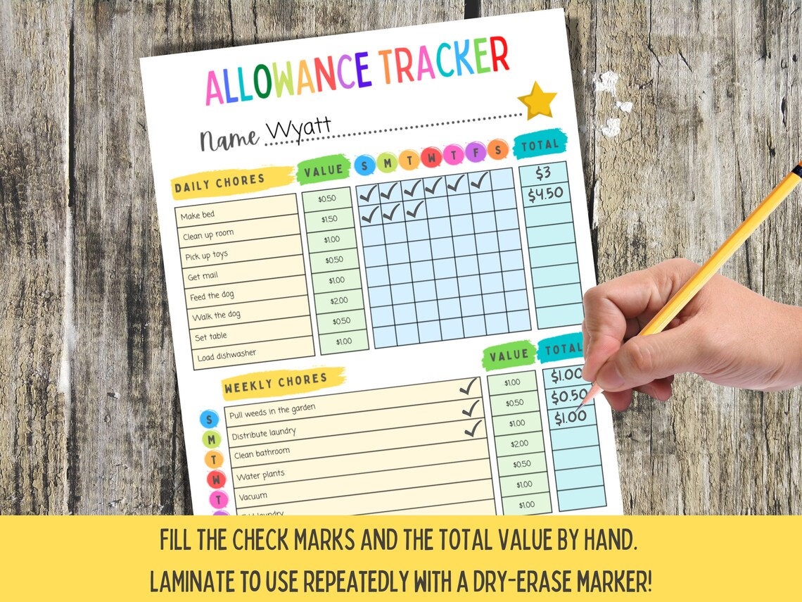 Daily Weekly Allowance Chore Chart for Kids, Printable Allowance ...