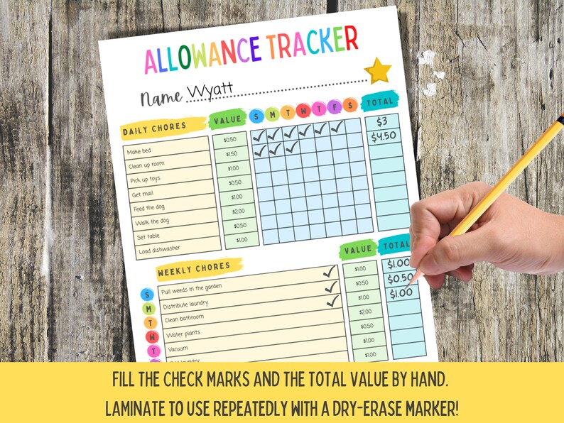 Daily Weekly Allowance Chore Chart for Kids, Printable Allowance ...