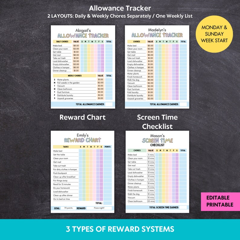 Editable Kids Chore Chart Bundle, Allowance, Screen Time, Behavior ...