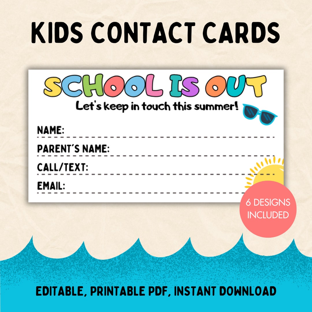 Printable Summer Contact Cards, Editable Kids Play Date Cards, Keep in ...