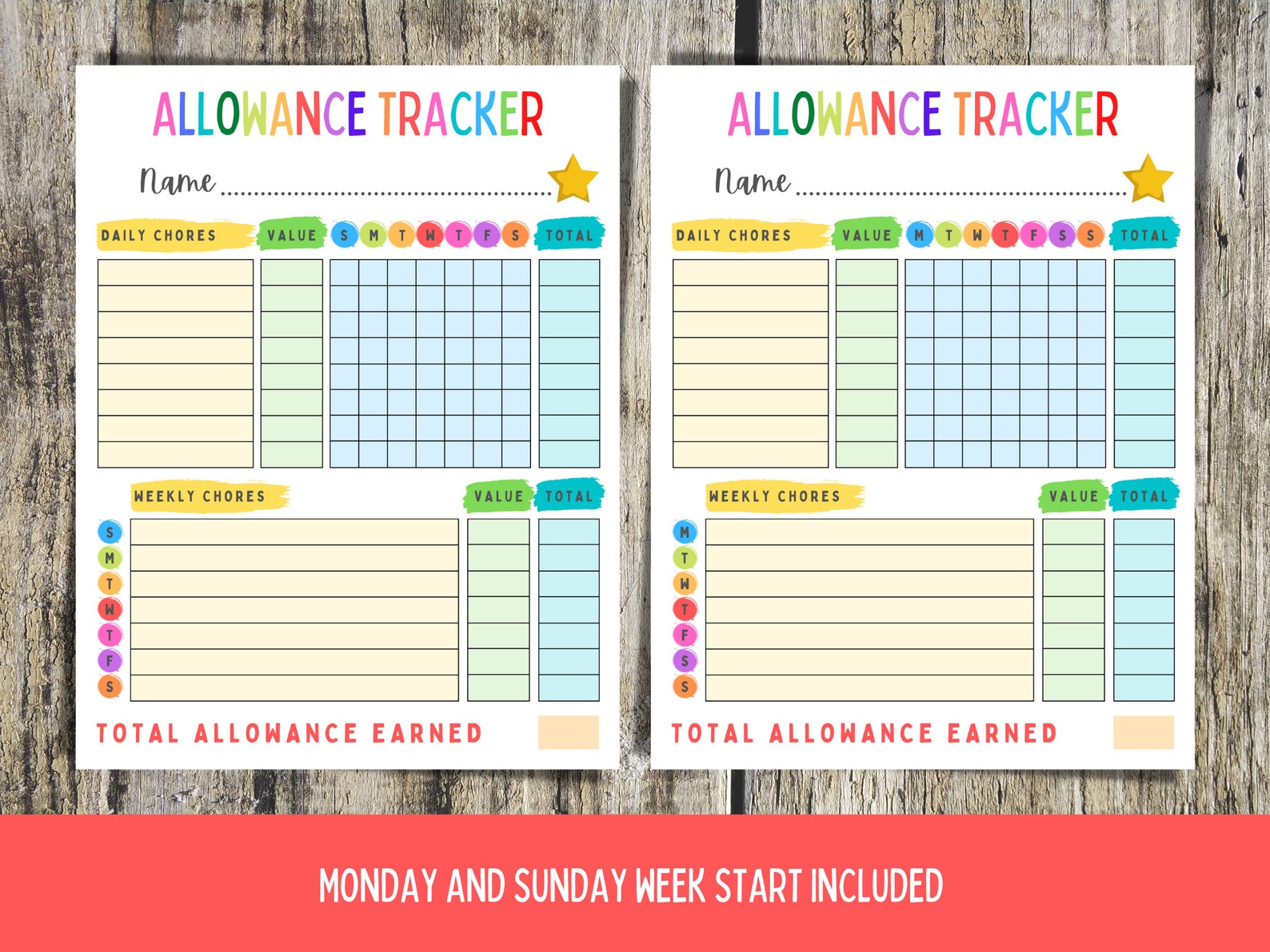 Daily Weekly Allowance Chore Chart for Kids, Printable Allowance ...