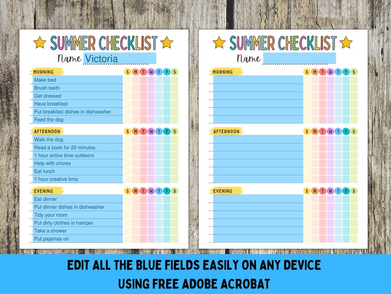Printable Summer Checklist for Kids, Editable Kids Responsibility Chart ...