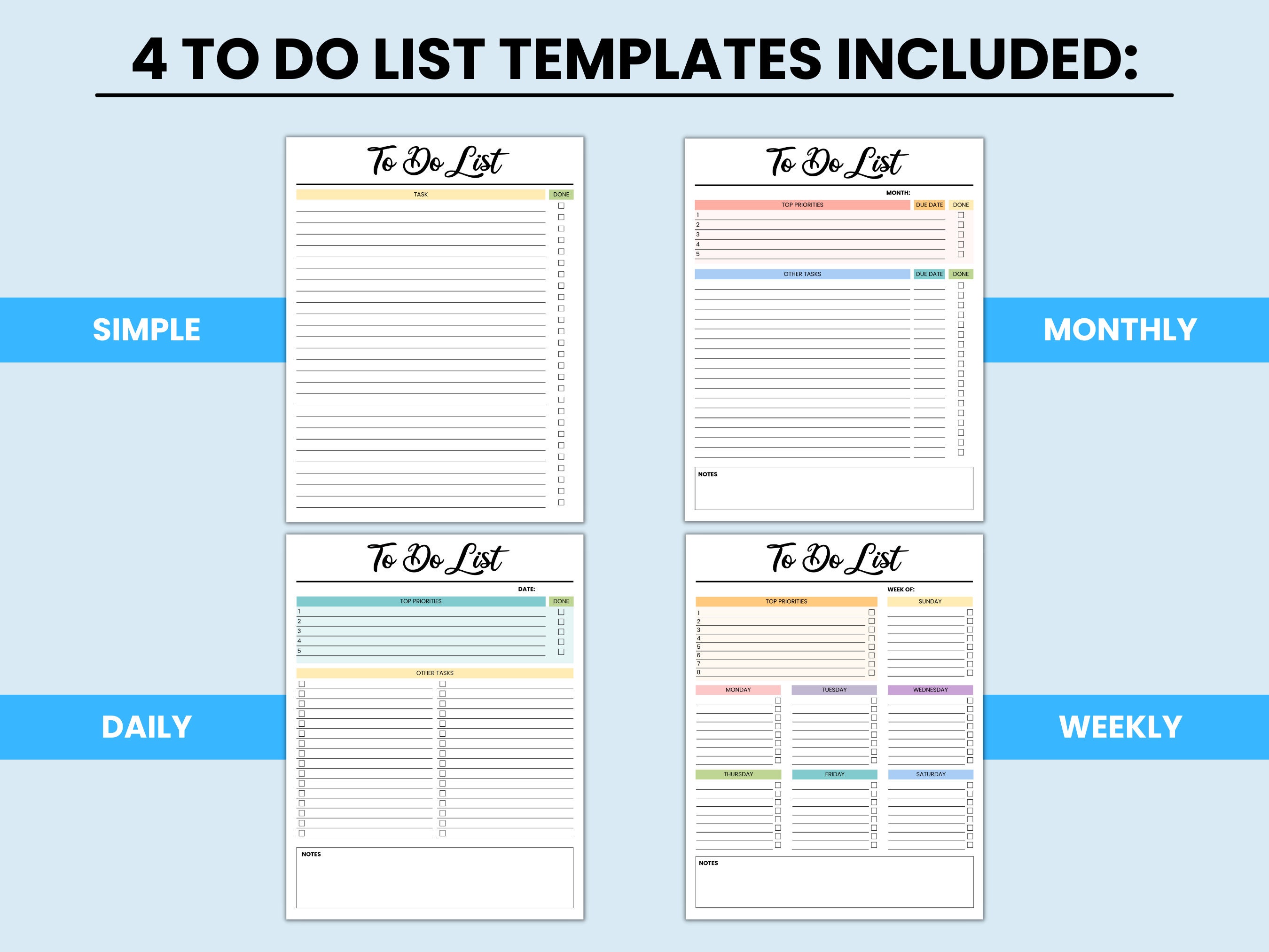 Editable to Do List Bundle: Daily, Weekly, Monthly Planner (digital PDF ...