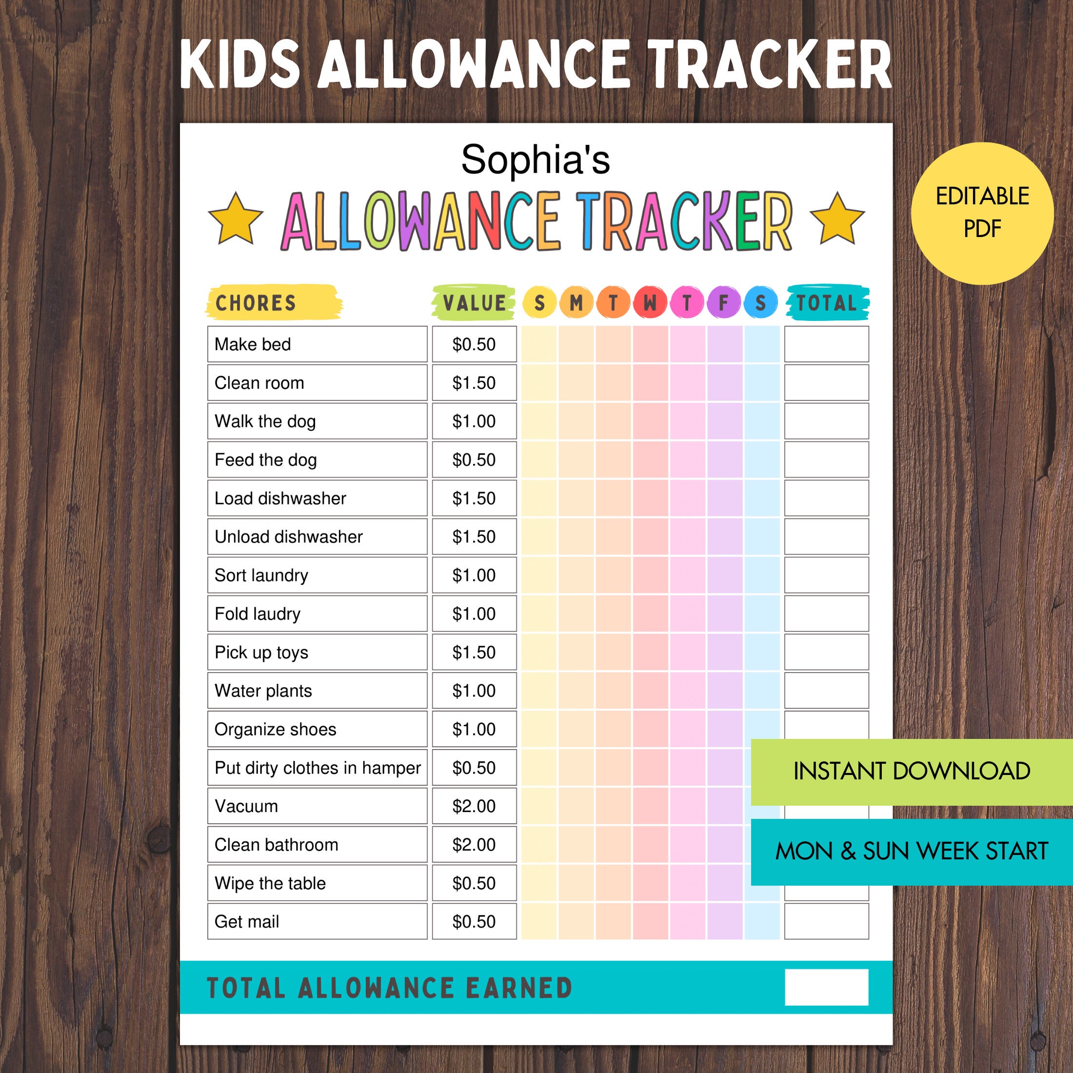 Editable Kids Allowance Chore Chart: Money Reward Tracker (PDF) - Etsy