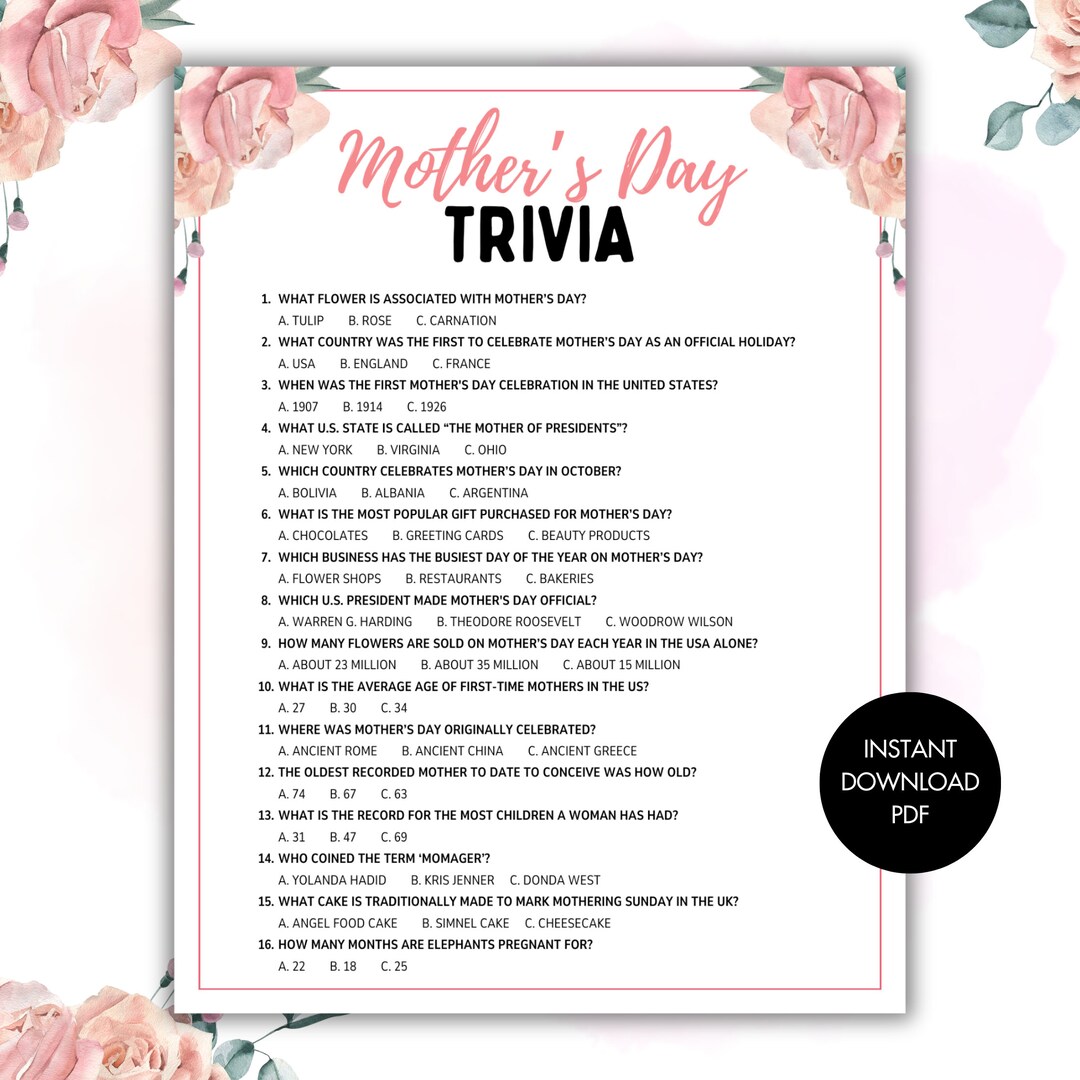 Mother's Day Trivia Quiz, Mothers Day Games, Mothers Day Party Game ...