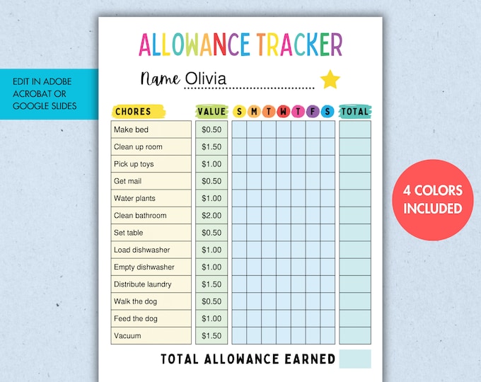 Kids Allowance Chart, Printable Template, Editable Allowance Tracker ...
