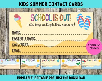 Printable Summer Contact Card, End of School Cards for Kids, Play Date ...