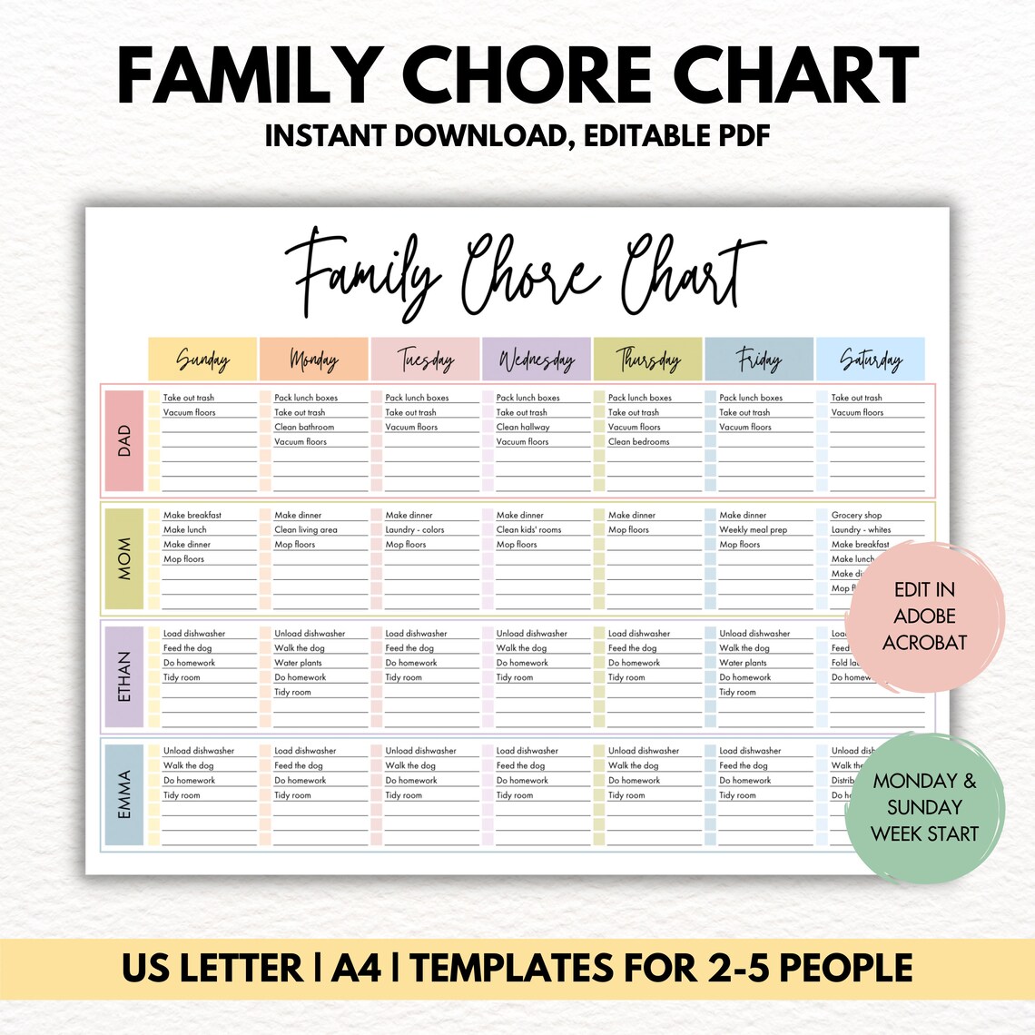 Editable Family Chore Chart, Printable Weekly Chore List, Kids, Adults ...