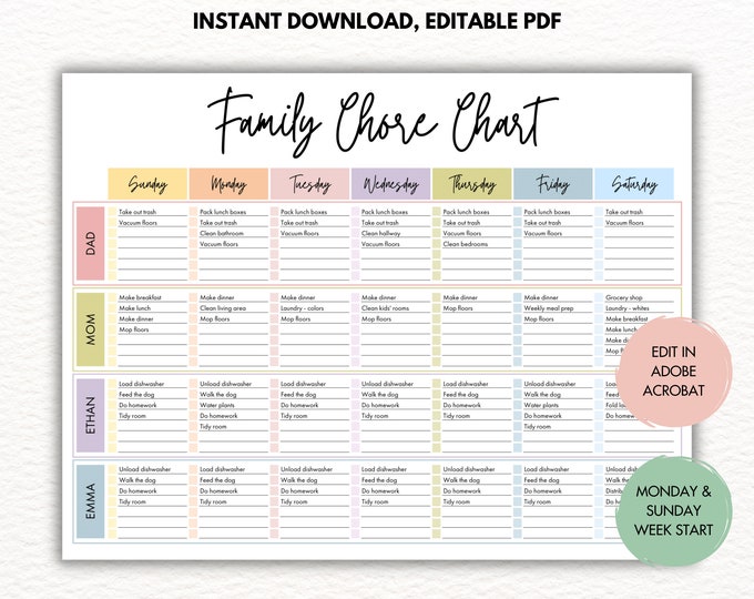 Editable Weekly Family Chore Chart Canva Template Printable Chore Chart ...