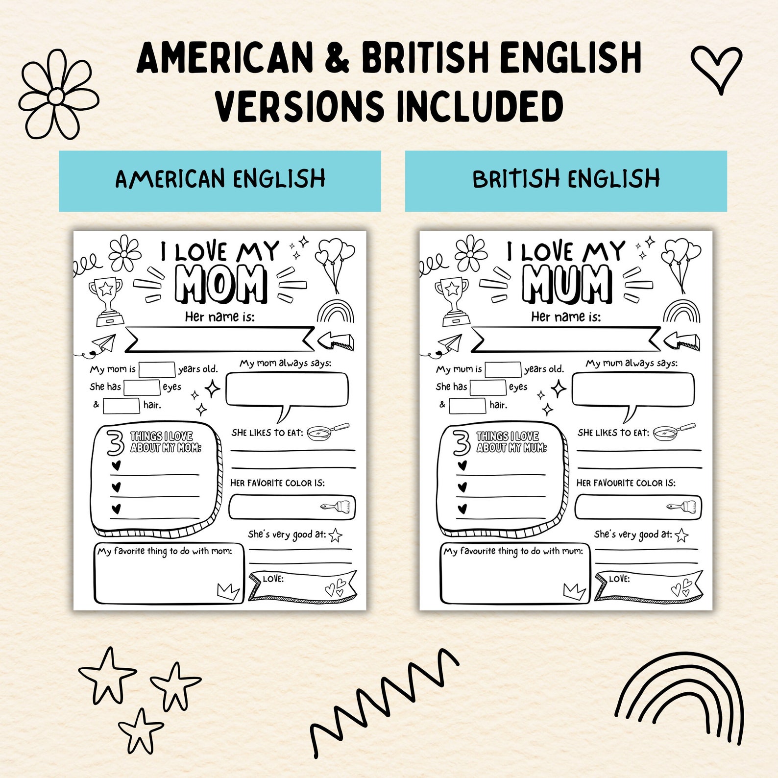 I Love My Mom Printable, All About My Mom Fill in Questionnaire, Mother ...