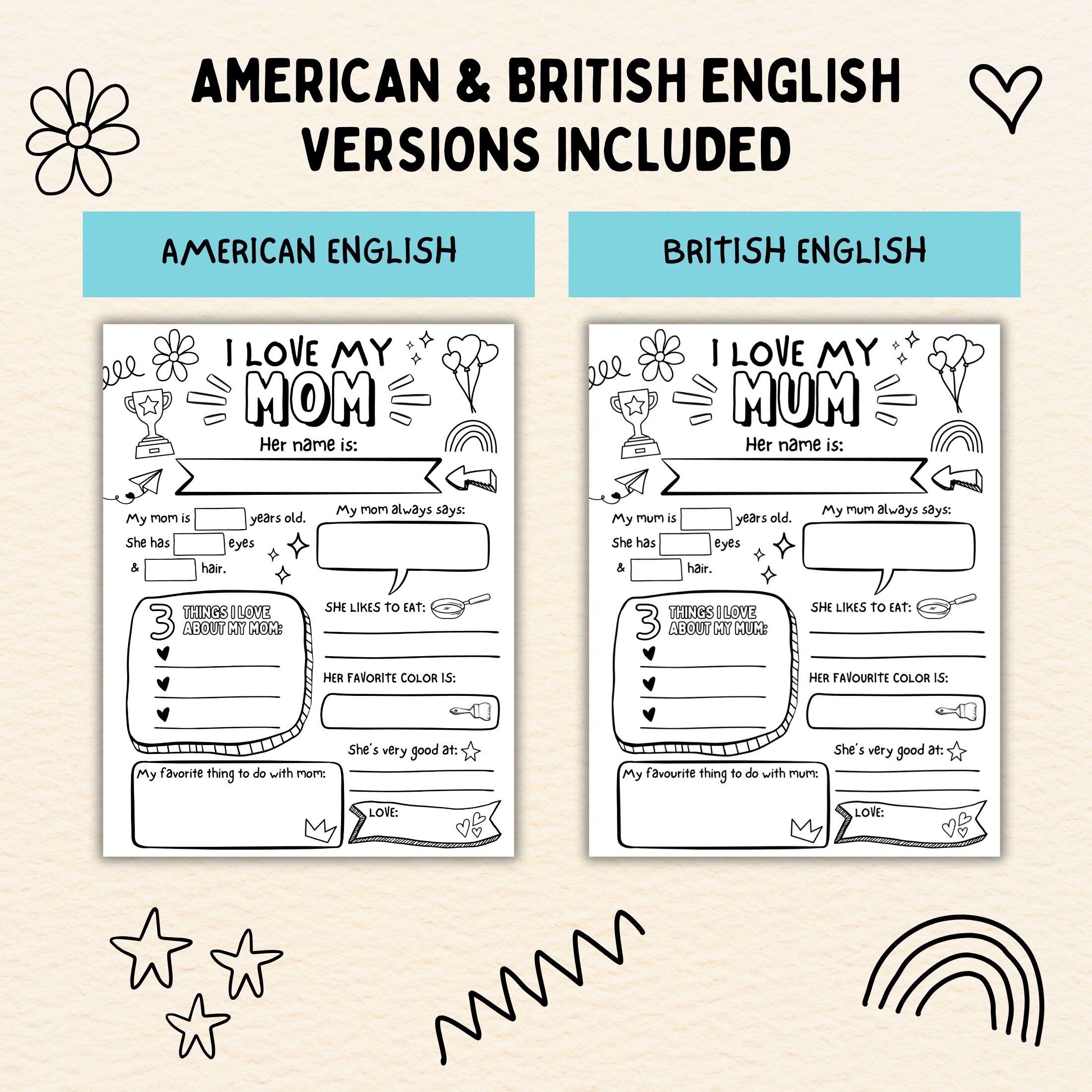 I Love My Mom Printable: Fill-in Questionnaire, Coloring Page (PDF) - Etsy