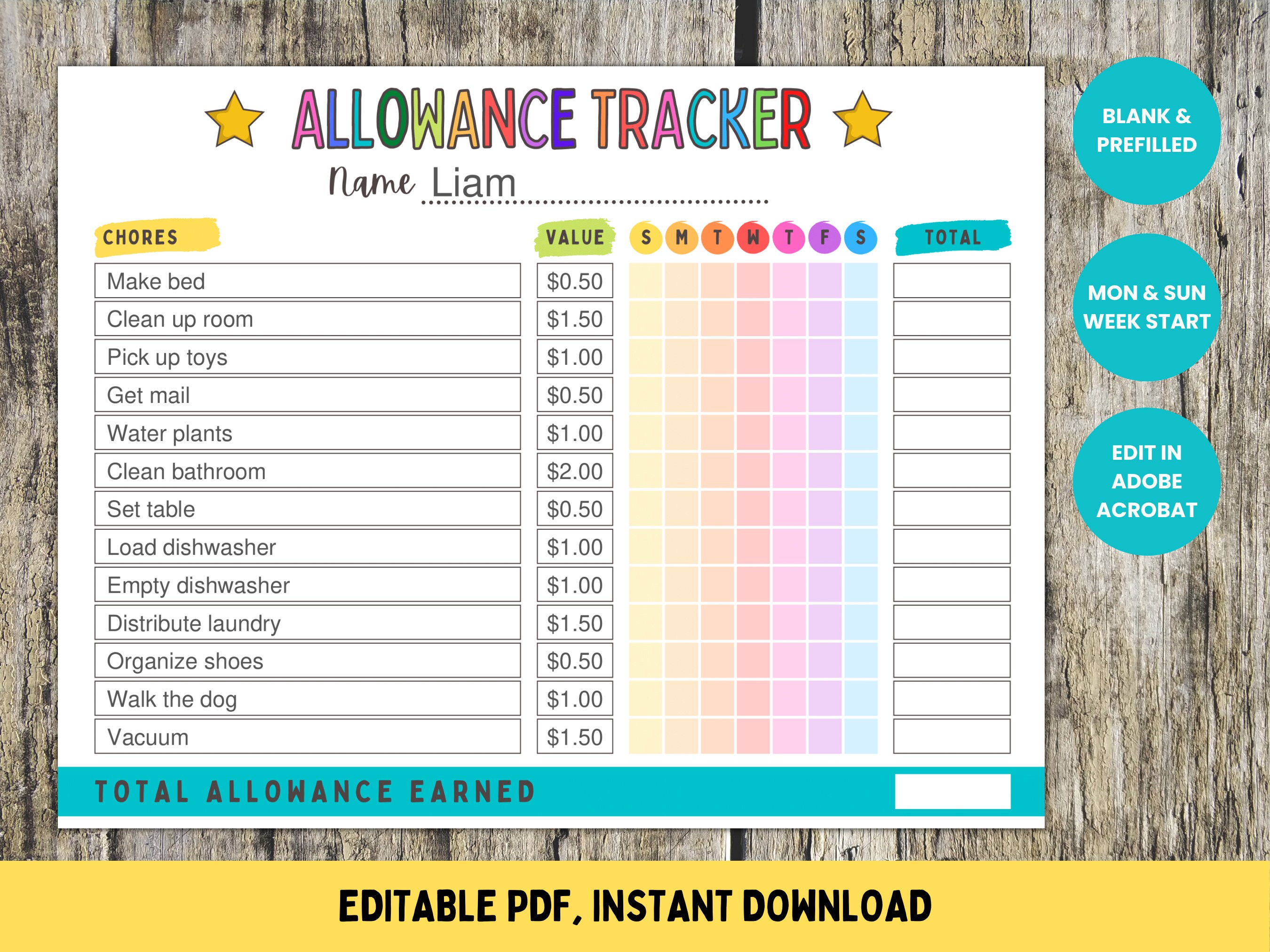 Allowance Tracker Weekly Allowance Chore Chart for Kids - Etsy