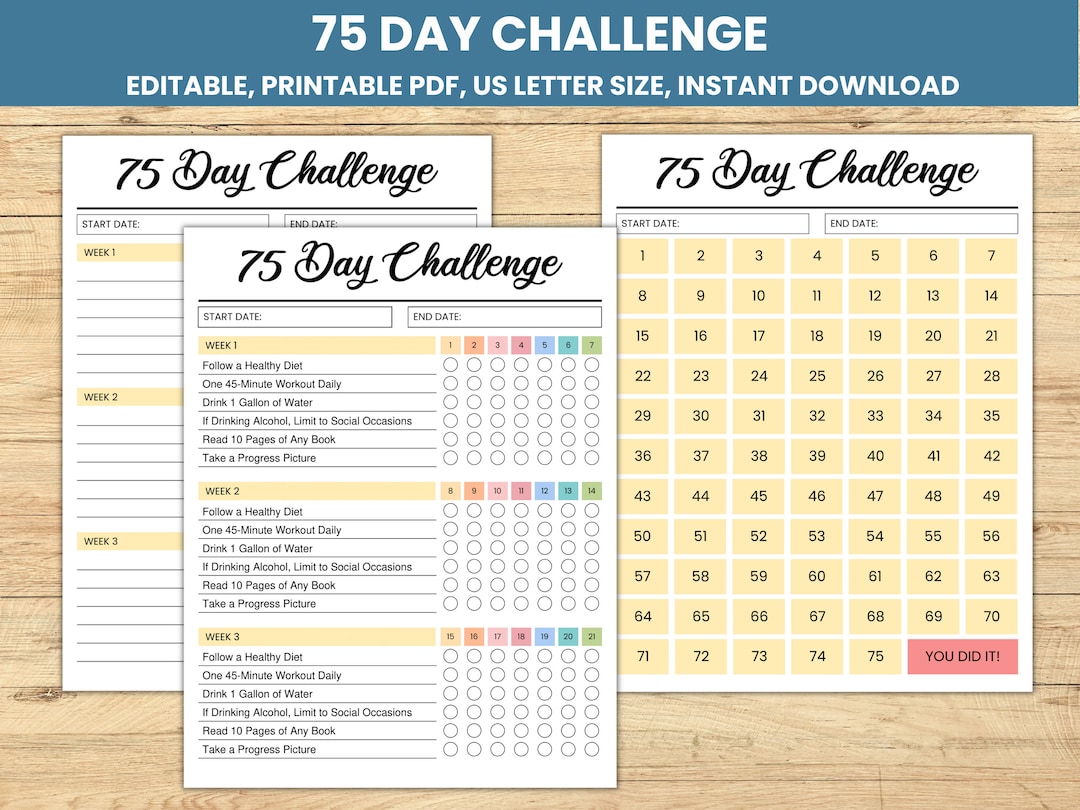 Printable 75 Day Challenge Tracker, Editable 75 Soft Tracker, Daily ...