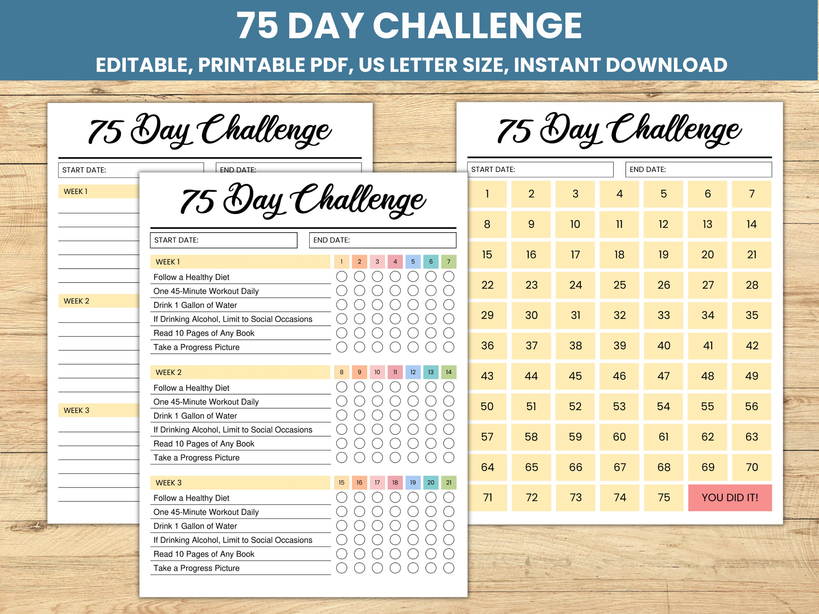 Printable 75 Day Challenge Tracker: Editable Habit & Fitness (PDF) - Etsy