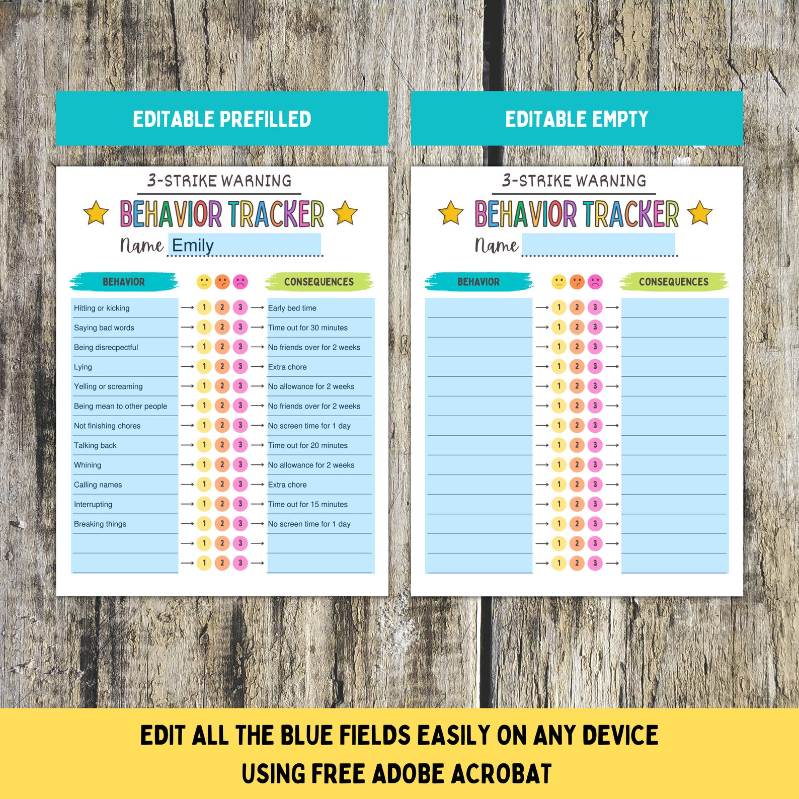 Kids Behavior Chart: 3-strike Warning, Editable PDF (instant Download ...