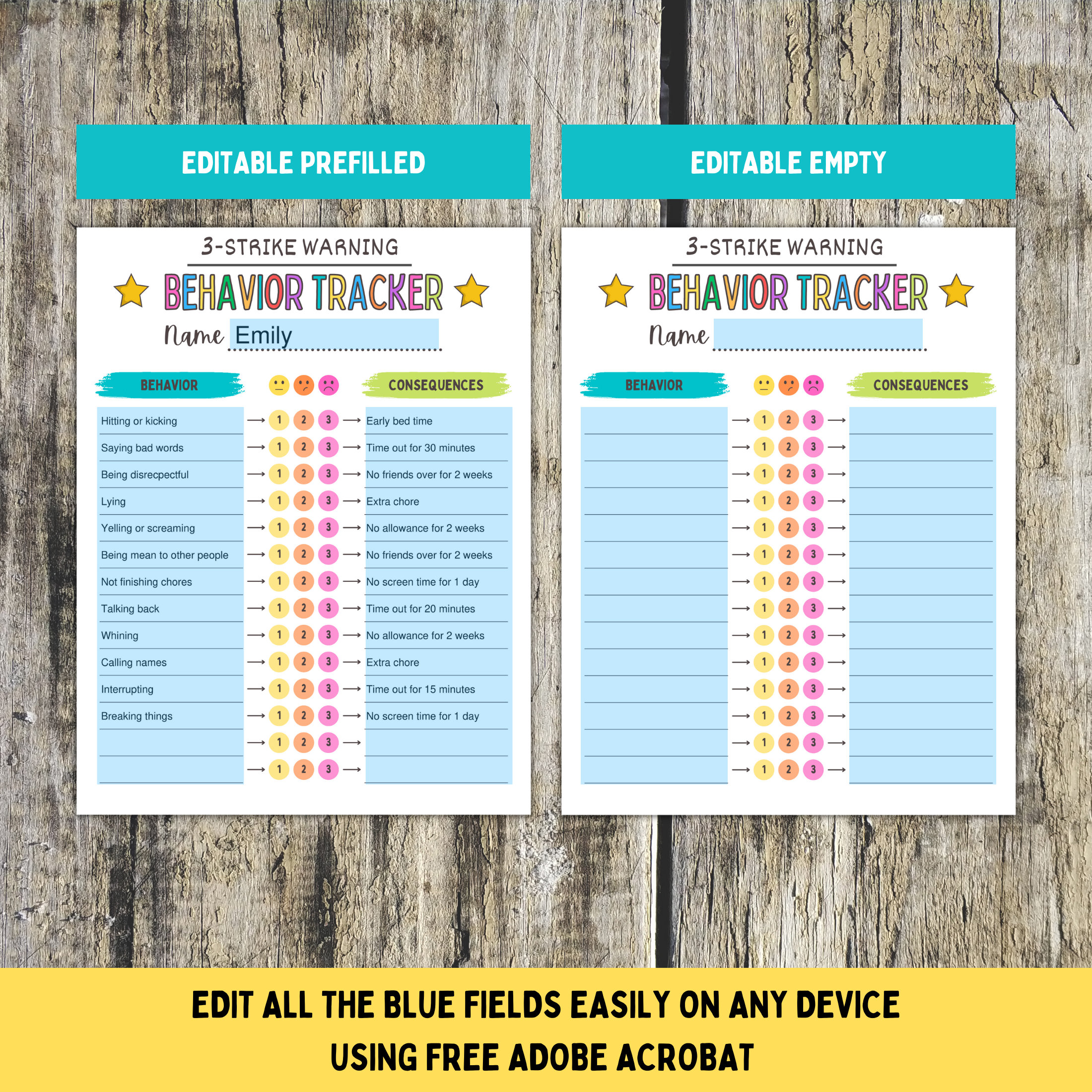 Kids Behavior Chart: 3-strike Warning, Editable PDF (instant Download ...