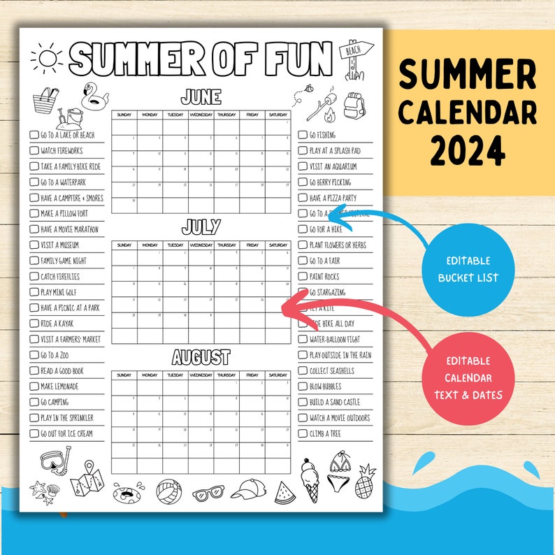 2024 Summer Calendar, Coloring Summer Calendar Poster, Printable Kids ...