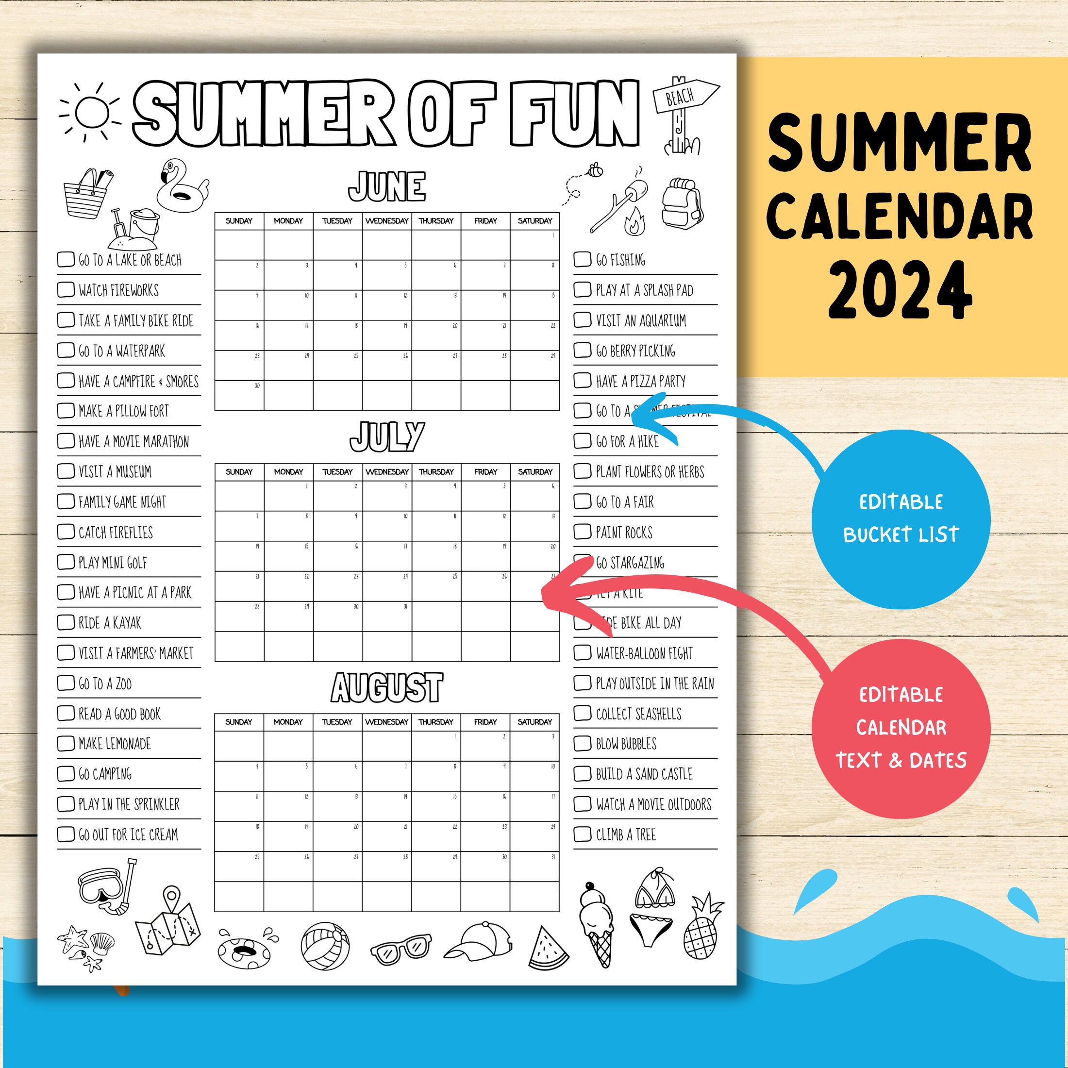 2024 Summer Calendar, Coloring Summer Calendar Poster, Printable Kids ...