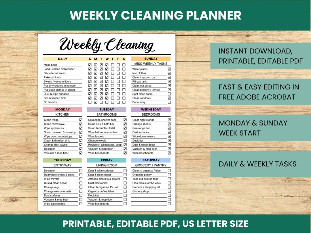 Editable Weekly Cleaning Checklist Printable Cleaning - Etsy